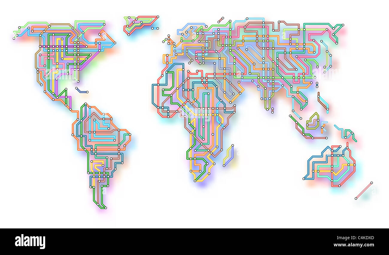 Illustration of the world in the style of an underground map with color ...