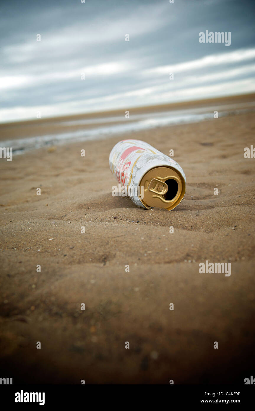 Metal beer can washed up on empty beach Stock Photo - Alamy
