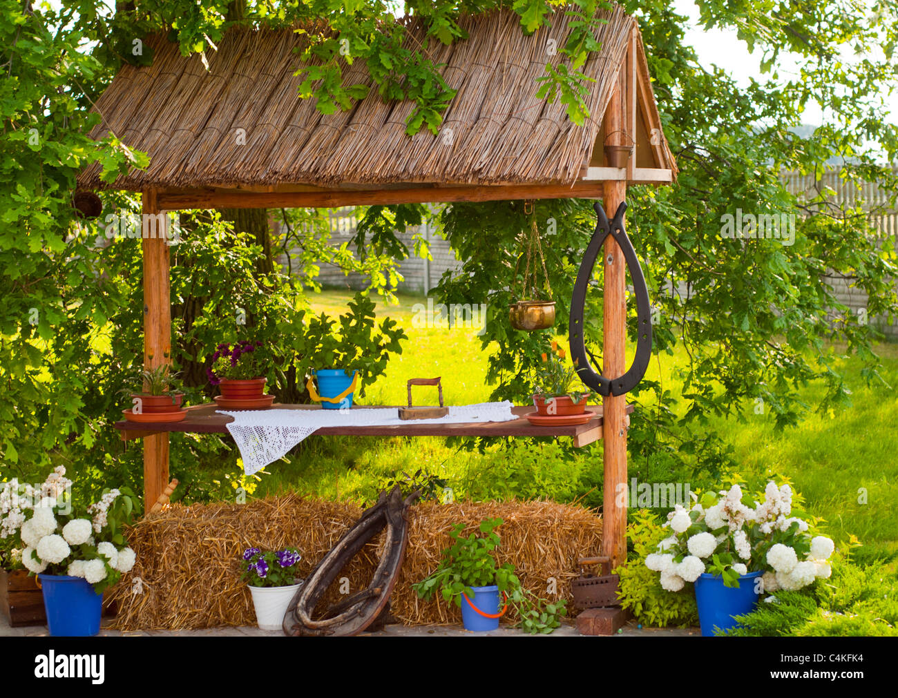decorative well constructed from pieces of wood Stock Photo - Alamy
