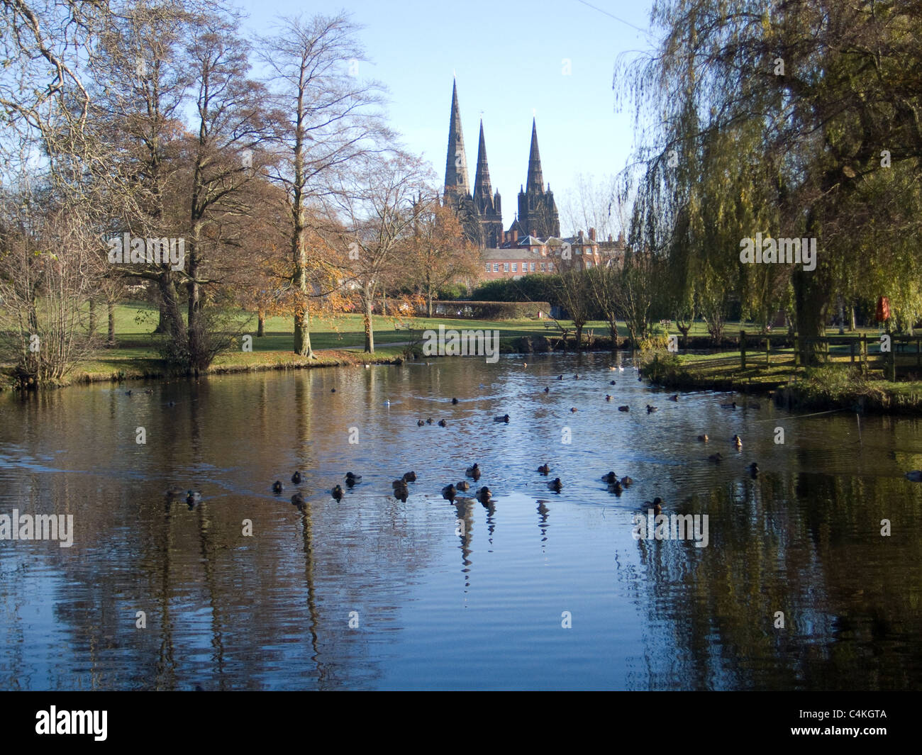The three spires of Lichfield Cathedral seen from Beacon Park with ...