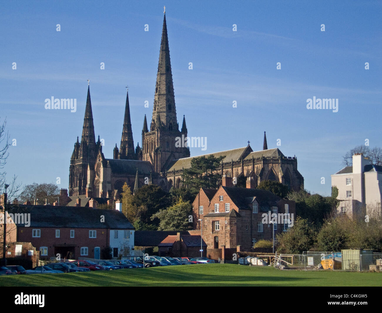 Lichfield Cathedral with its three spires from Stowe Fields Stock Photo ...