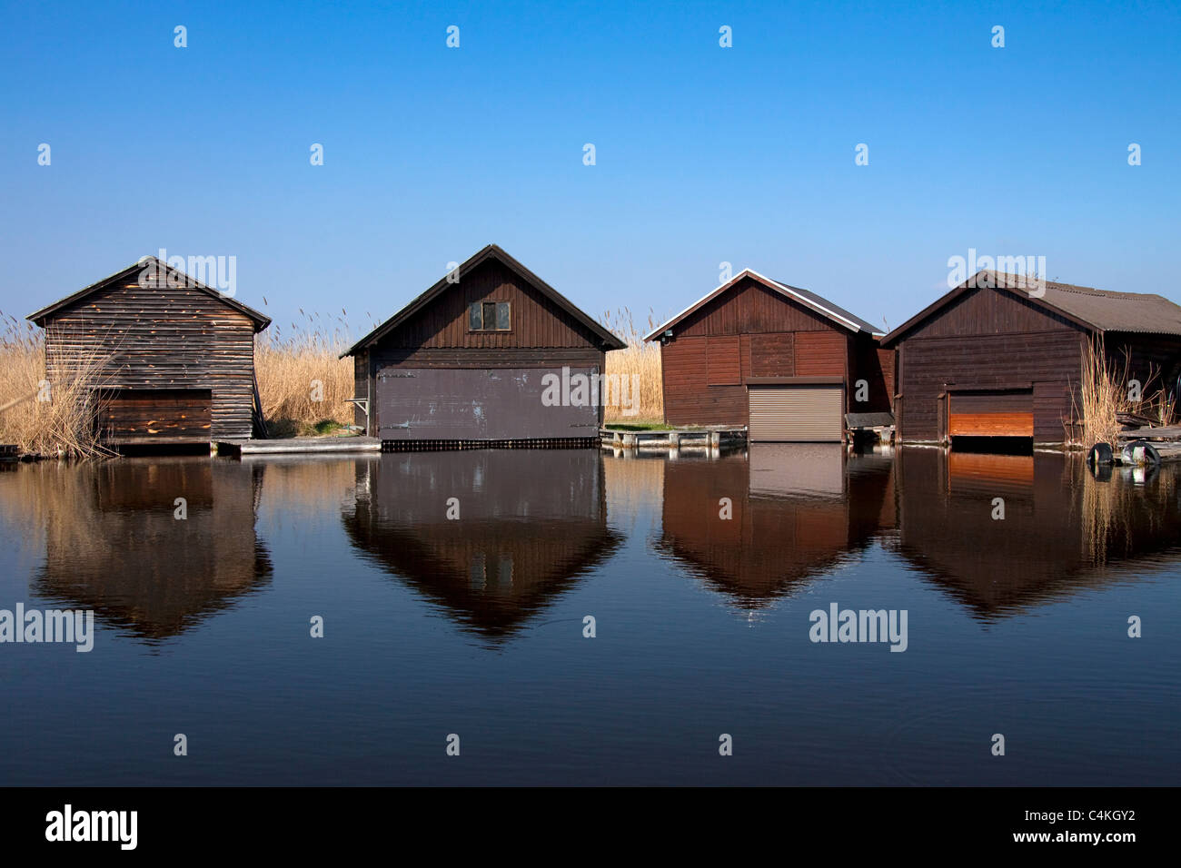 Wooden boat houses along Lake Neusiedel at Rust, Burgenland, Austria ...