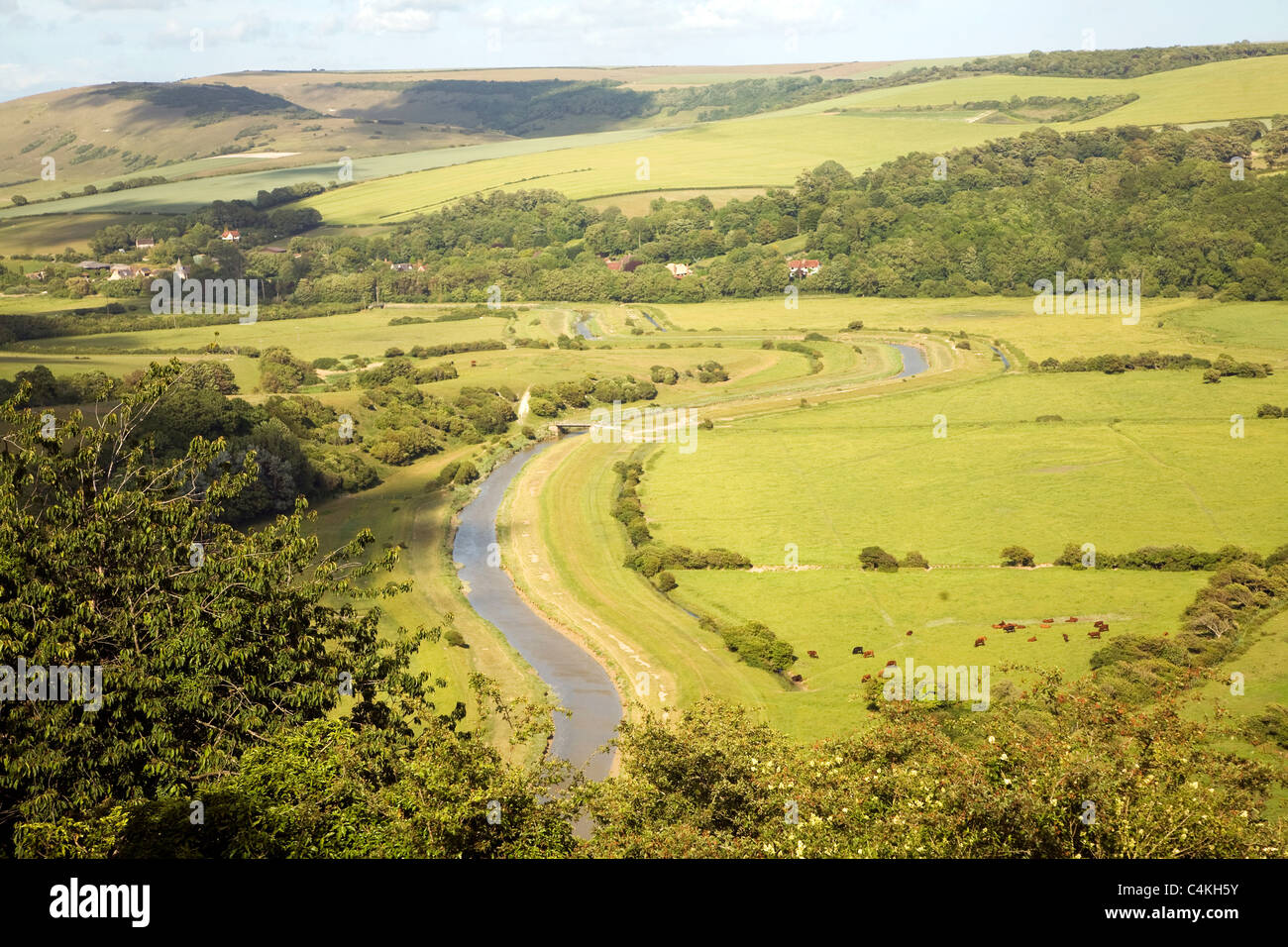 River Cuckmere meanders and flood plain from Frog Firle at High and ...