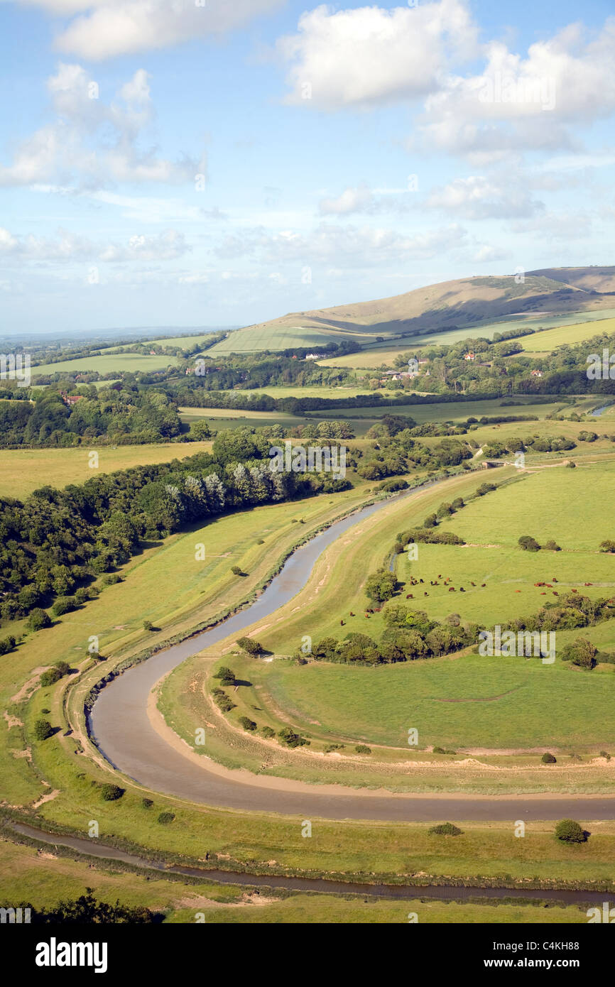 River Cuckmere meanders and flood plain from Frog Firle at High and ...