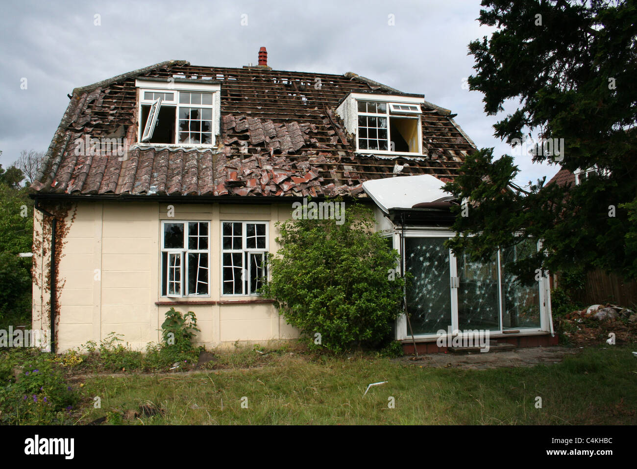 Derelict house, abandoned for demolition and damaged to avoid squatters ...