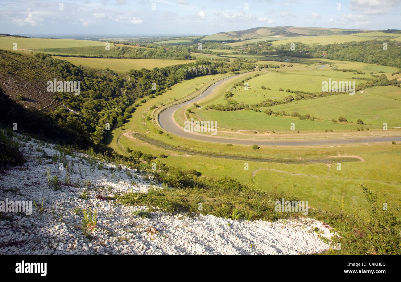 River Cuckmere meanders and flood plain from Frog Firle at High and ...
