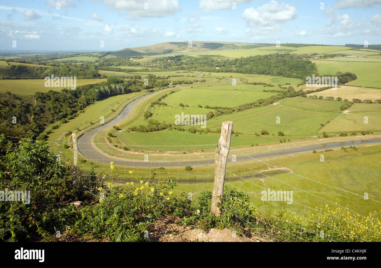 River Cuckmere meanders and flood plain from Frog Firle at High and ...