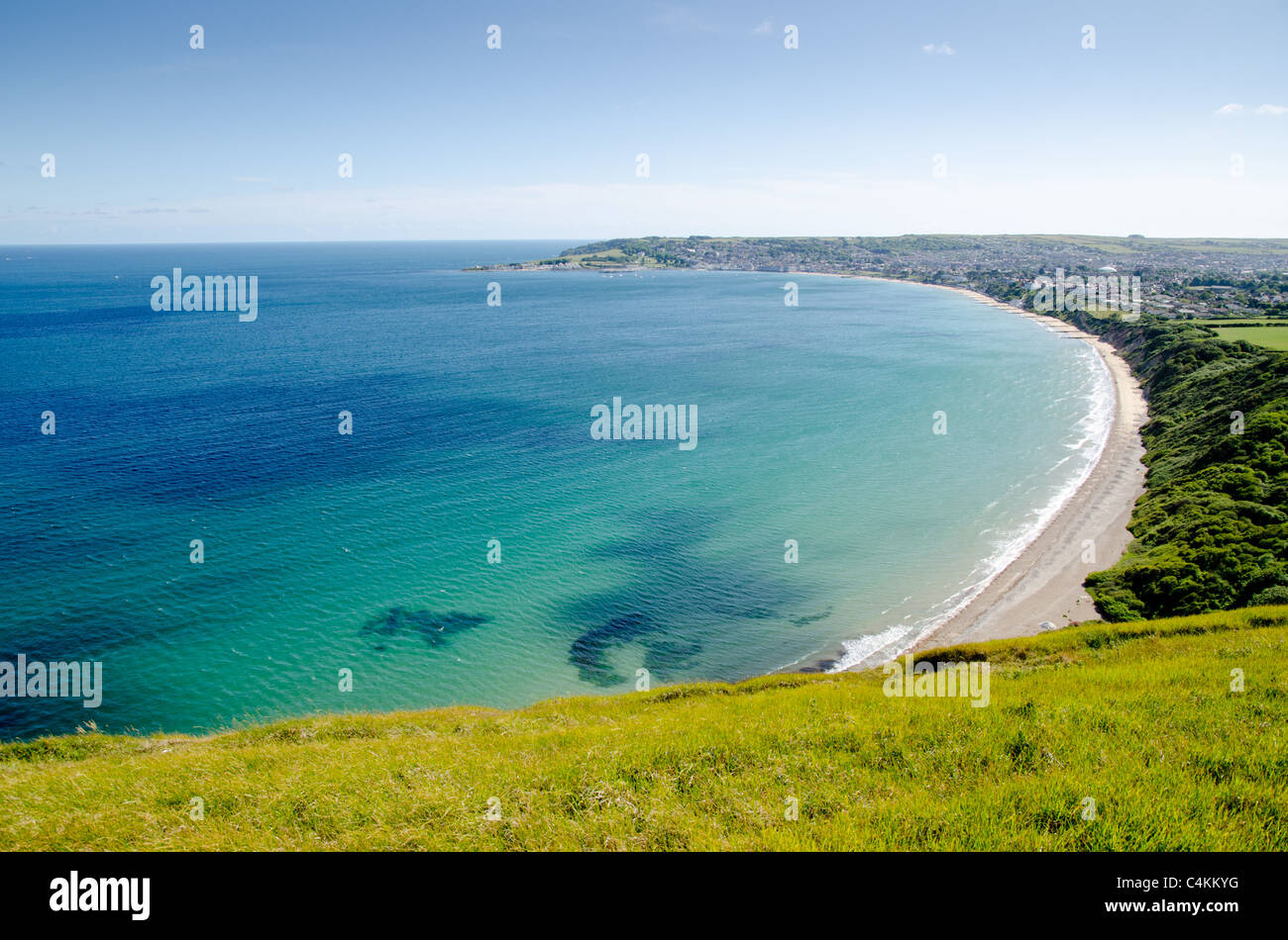 Swanage bay with its horseshoe sandy beach and groynes, Swanage, Dorset ...