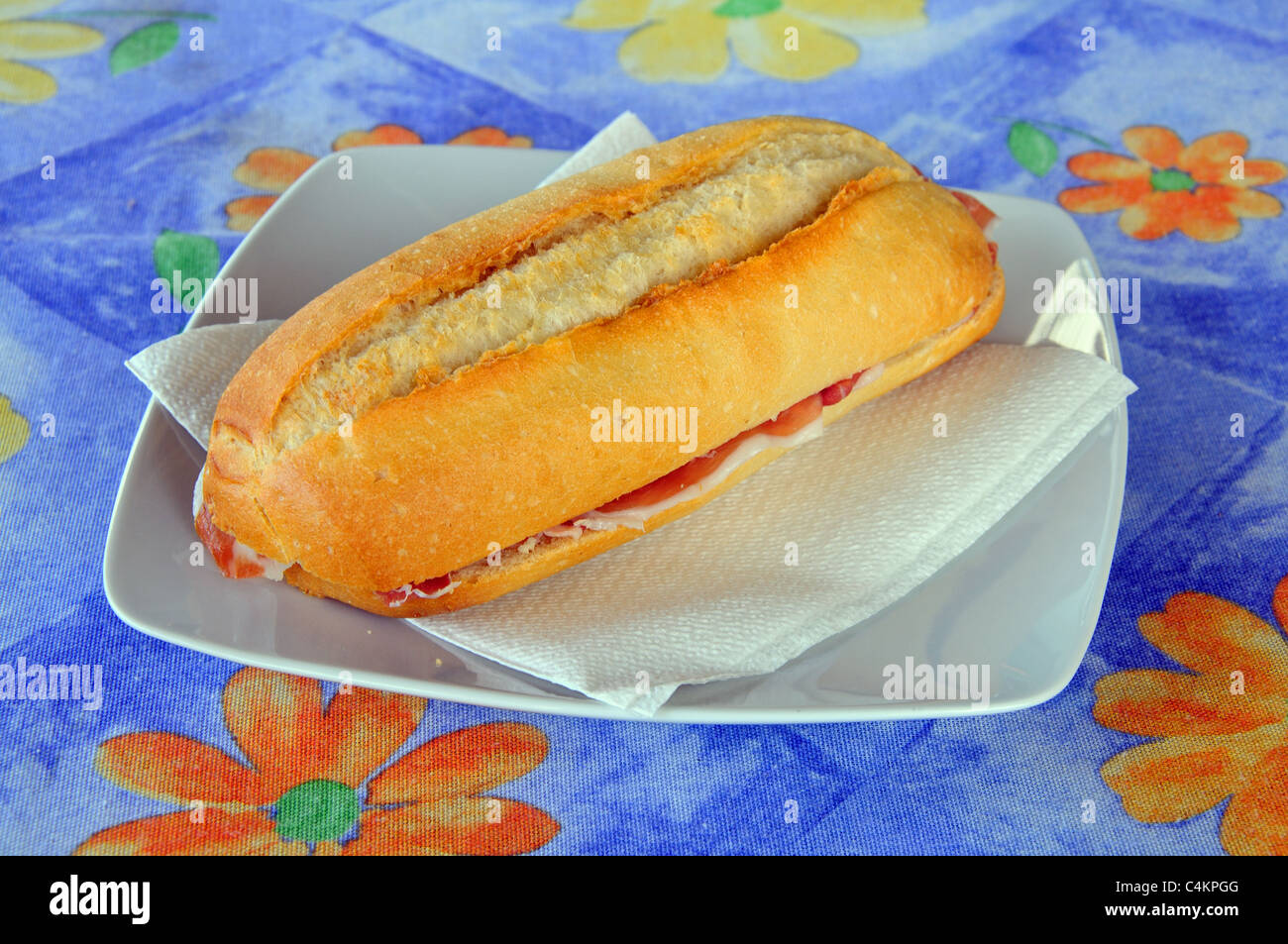 Crusty roll with cured ham (Jamon Serrano), Costa del Sol, Malaga ...