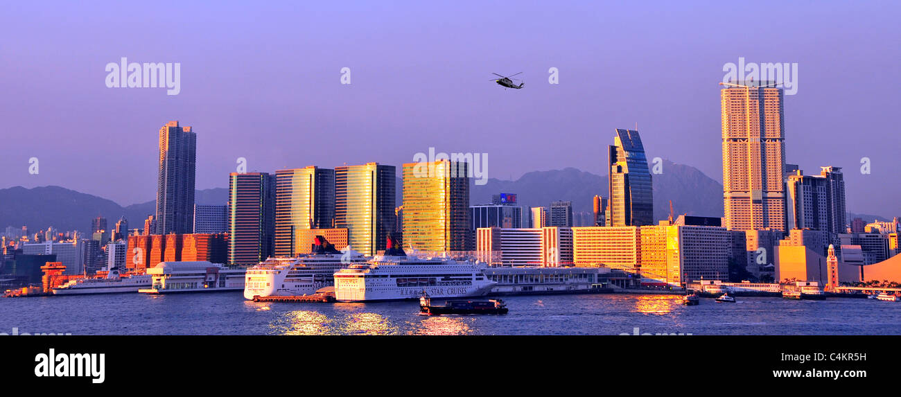 The main cruise ship terminal and Tsim Sha Tsui skyline, Kowloon, Victoria harbor, Hong Kong ...