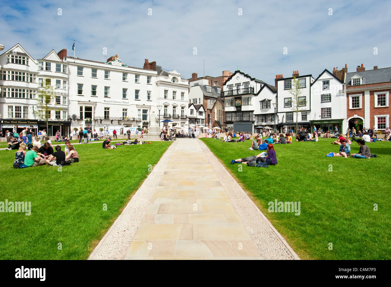 The green of Exeter Cathedral where there are many cafes, bars and ...