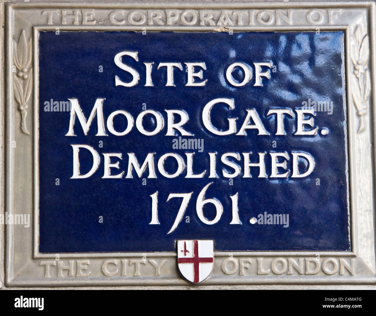 Blue plaque marking site of 16th-century gate in London Wall Moorgate ...