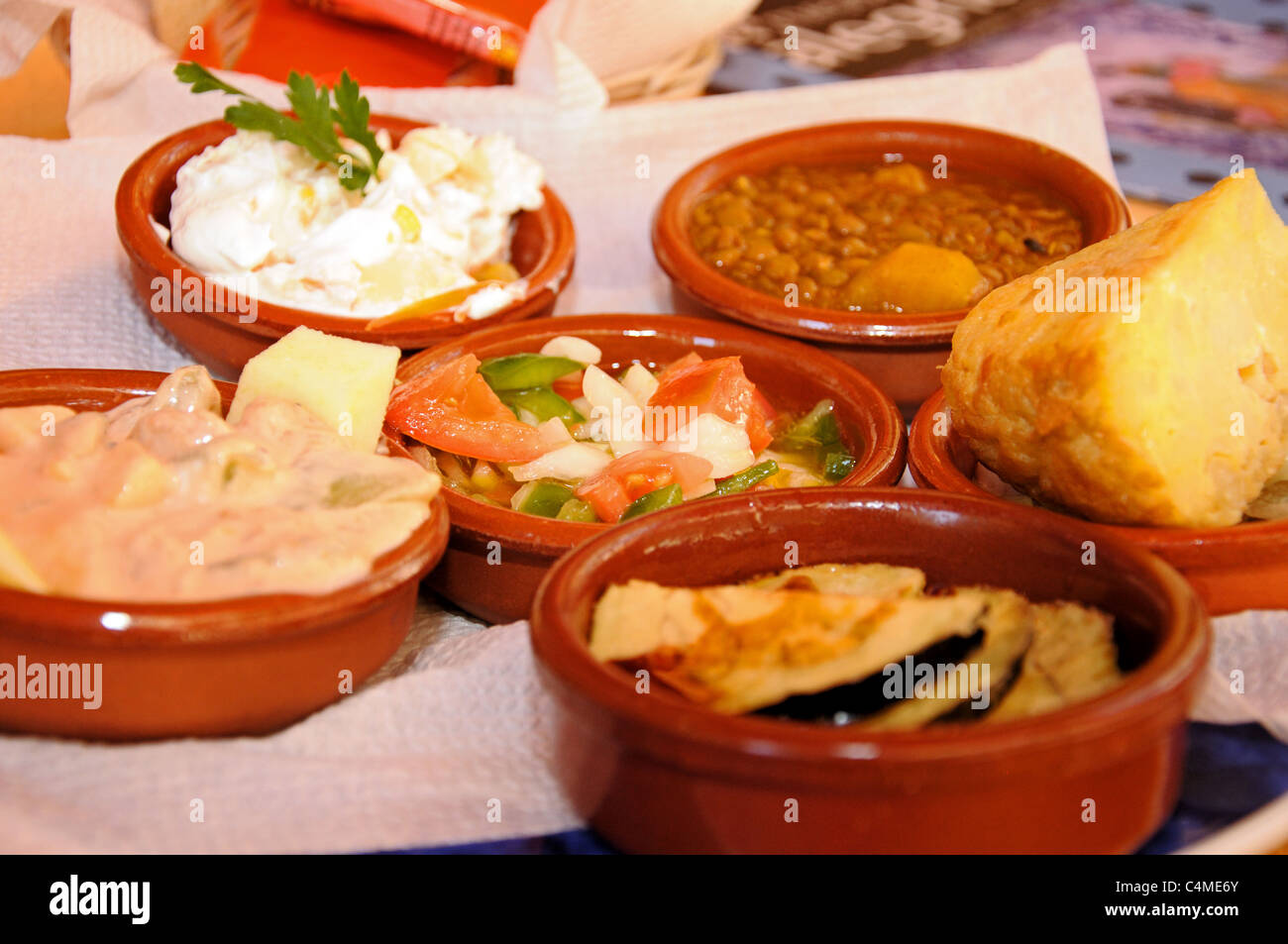 Selection of vegetarian Tapas in a city centre Tapas Bar, Malaga, Costa ...