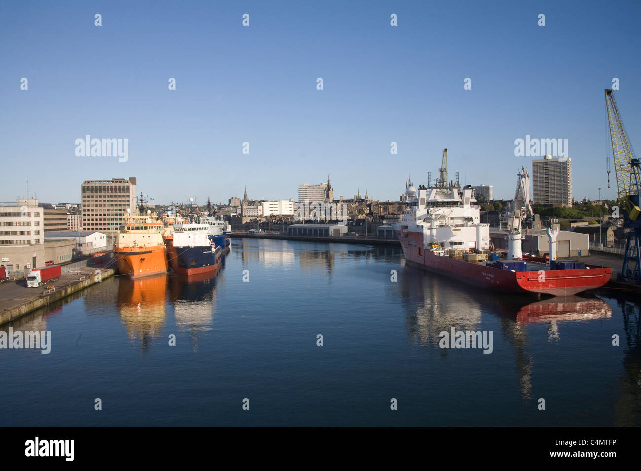 Aberdeen Scotland UK Ferry entering this busy port with a view of the ...