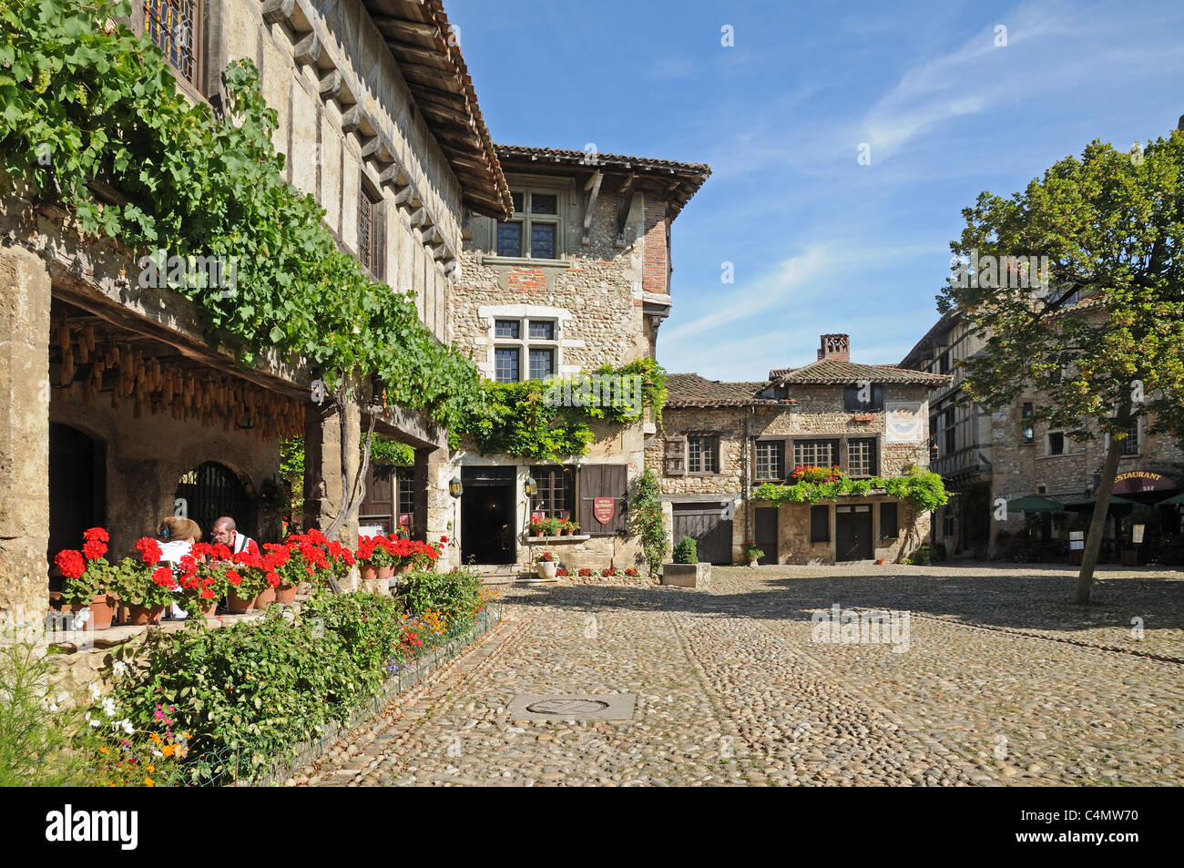 Breakfast verandah Hostellerie de Perouges with red geranium flowers ...