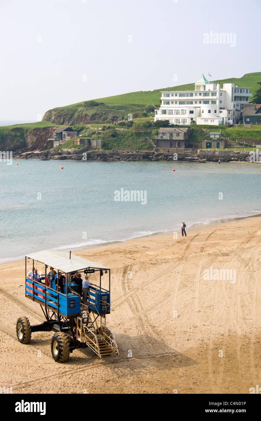 Vertical view of a sea tractor coming up the beach at Burgh Island ...