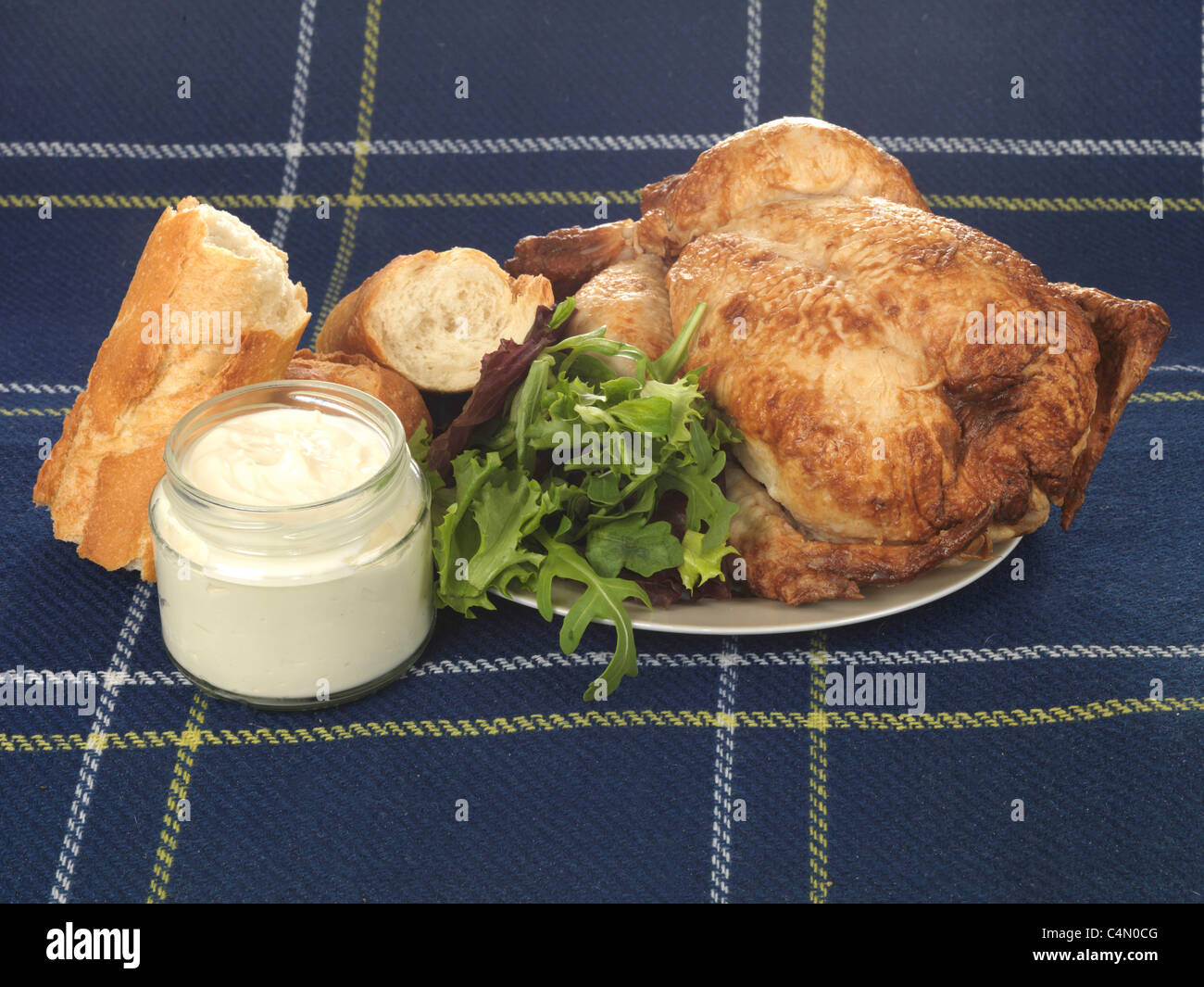 Whole Fresh Roast Chicken With A green Salad Bowl And Crusty French ...