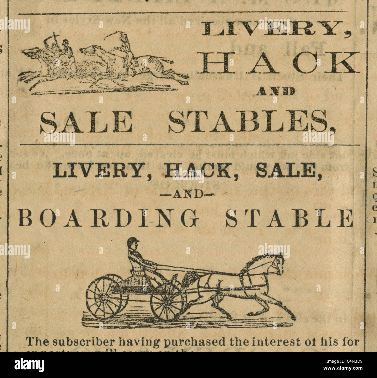 Detail from two 1875 engravings of Livery Hack Stables advertisements ...