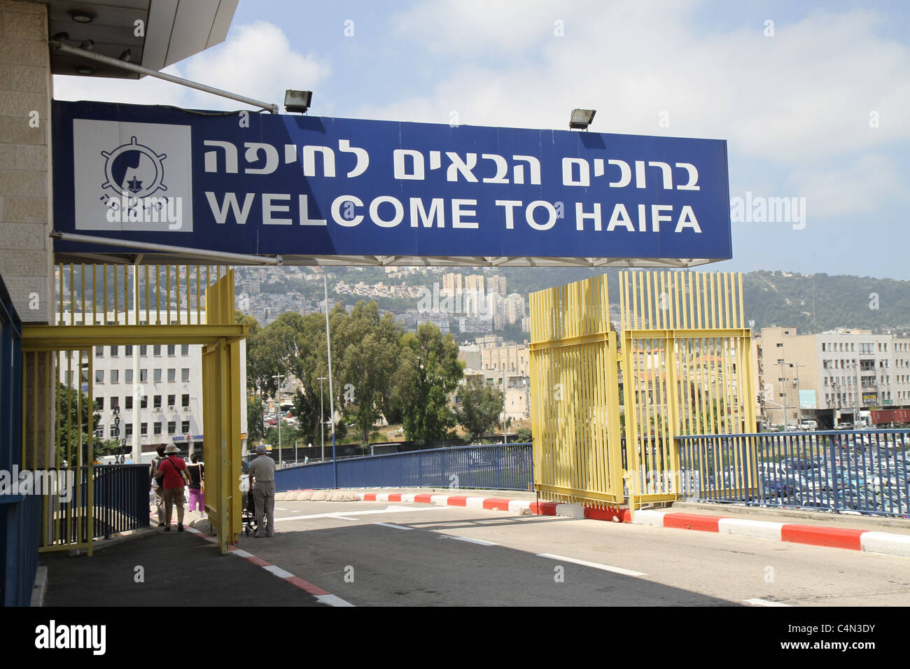 "Welcome to Haifa" sign at port entrance, in English and Hebrew Stock ...
