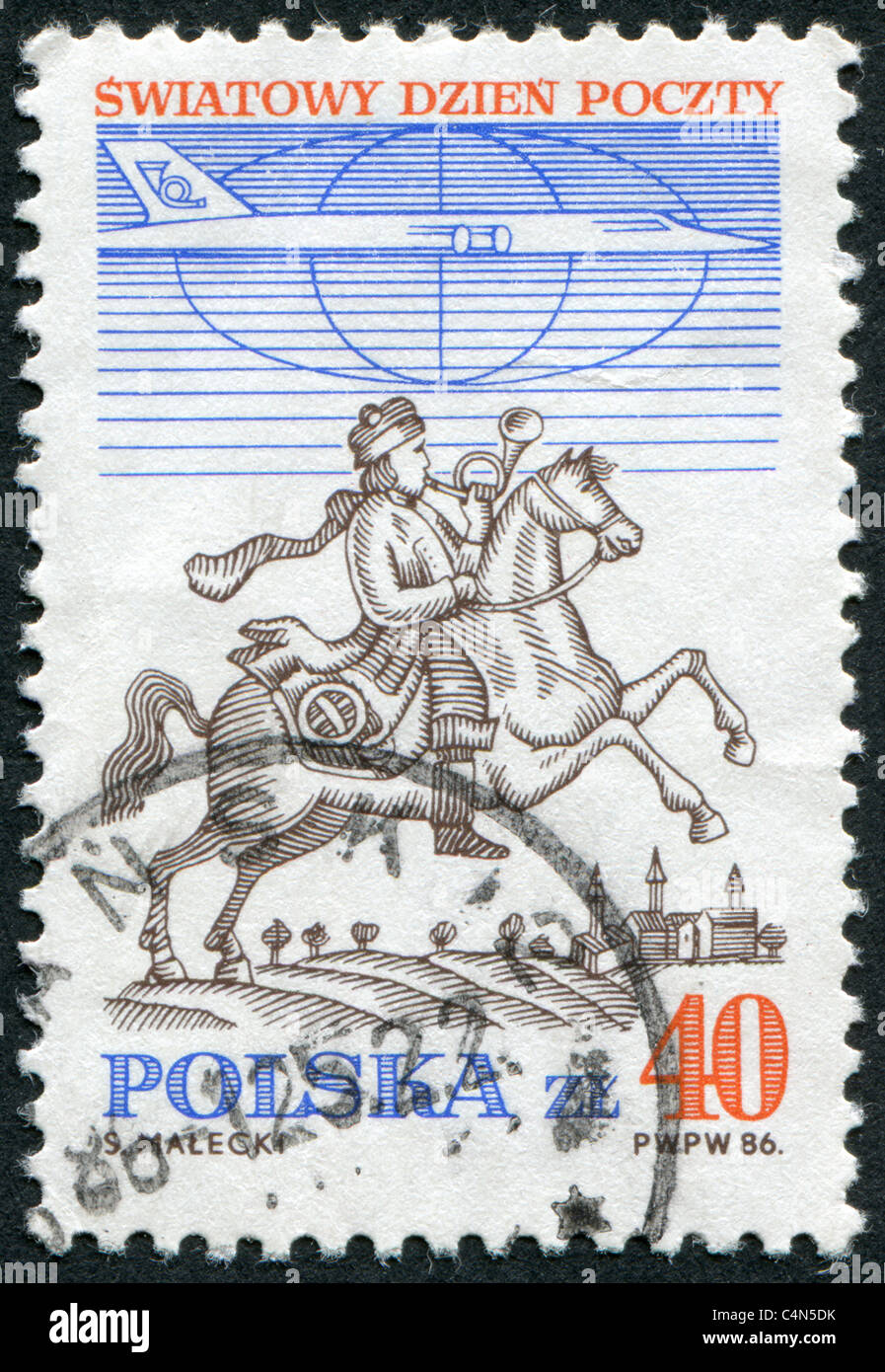 POLAND 1986: A stamp printed in the Poland, shows a postman on ...