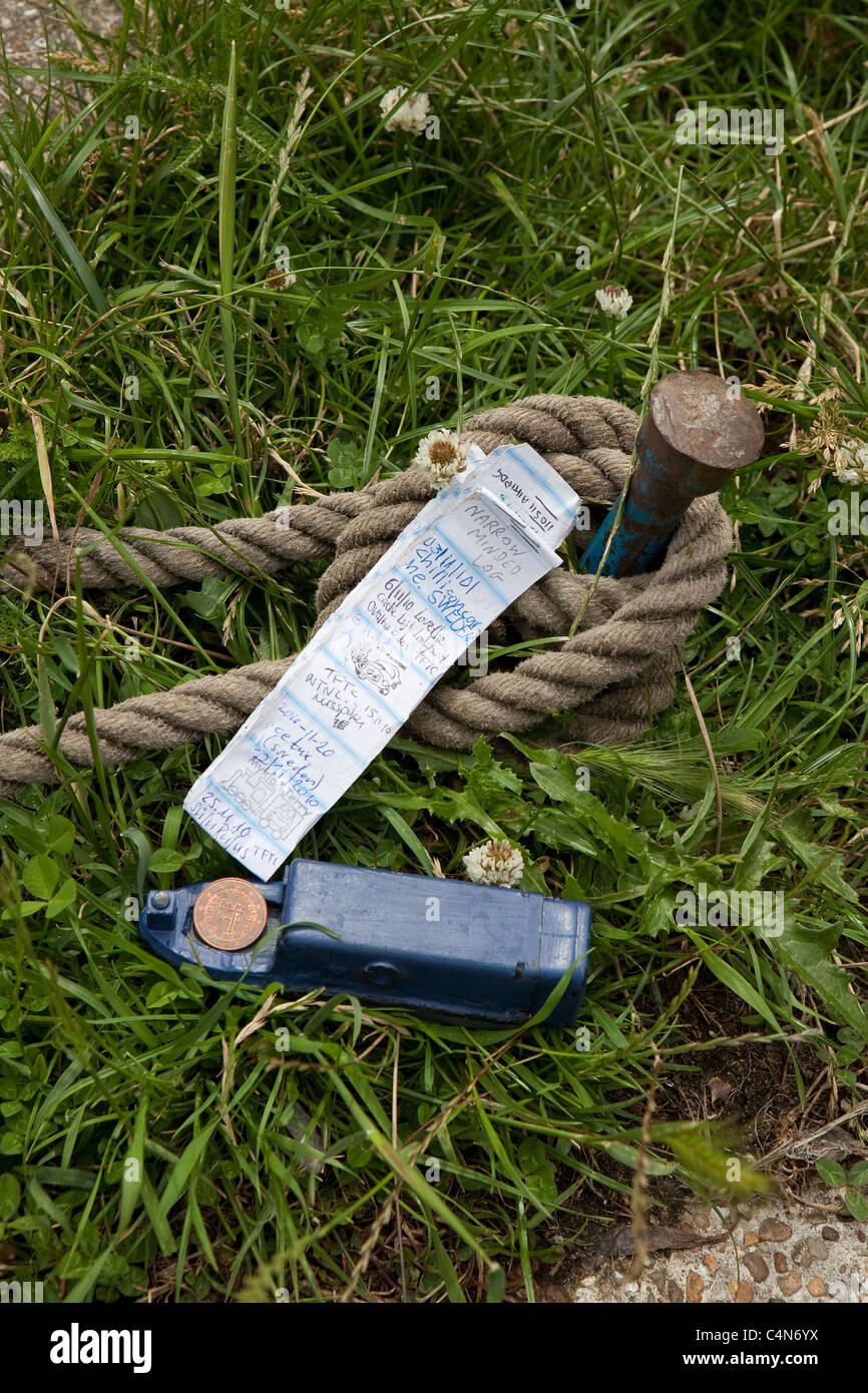 A micro-cache placed on the ground with its log-book Stock Photo - Alamy