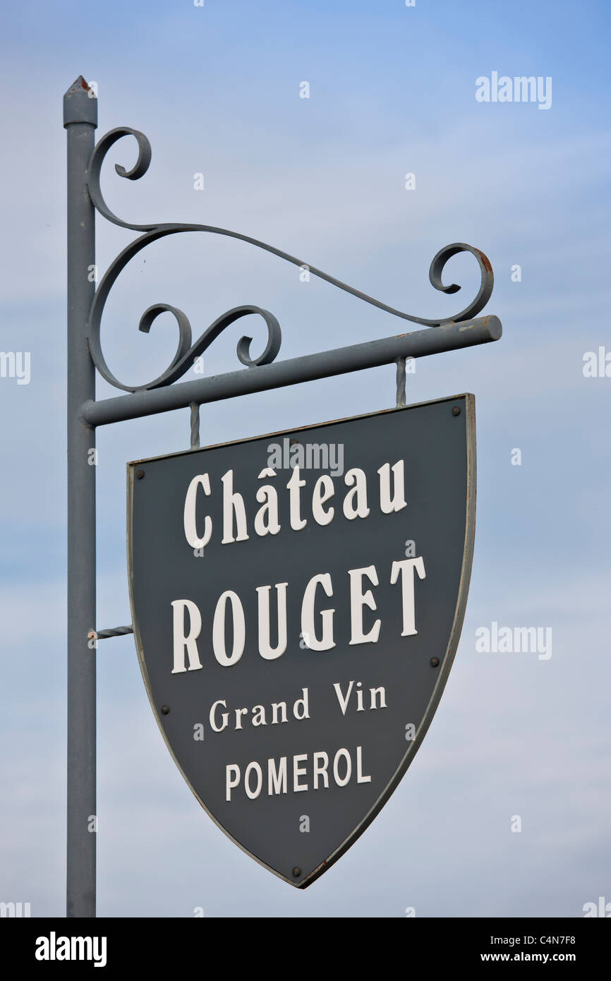 Chateau Rouget Grand Vin sign at Pomerol in the Bordeaux wine region of ...