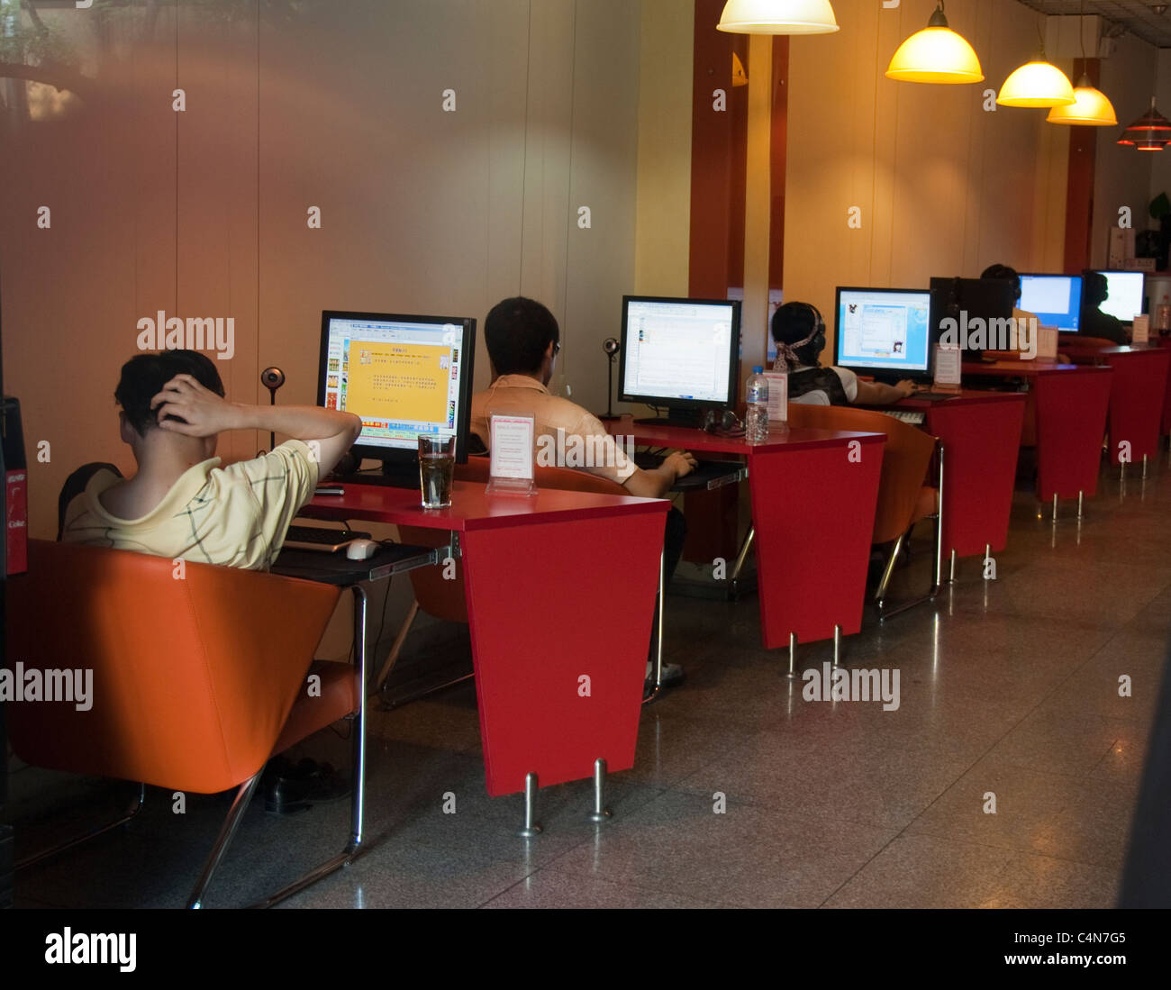 Beijing, China, Chinese Male Teenagers in Public Internet Cafe, Using ...