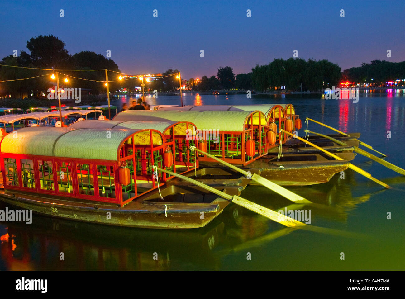 Beijing, China, "Houhai Lake District" Hutong Boats at Dusk Stock Photo ...
