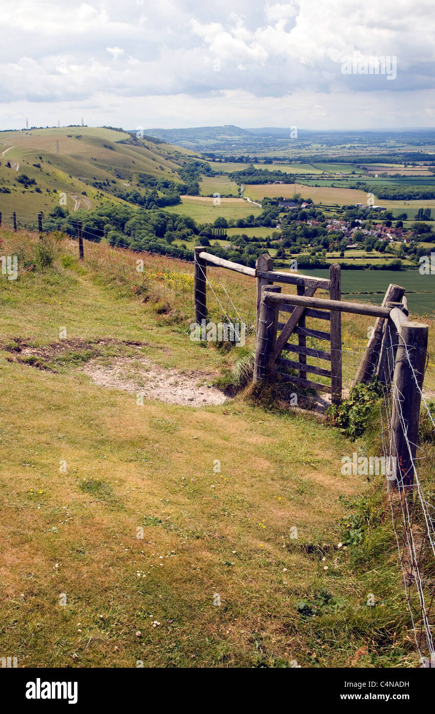 View west along chalk escarpment near Fulking, West Sussex, England ...