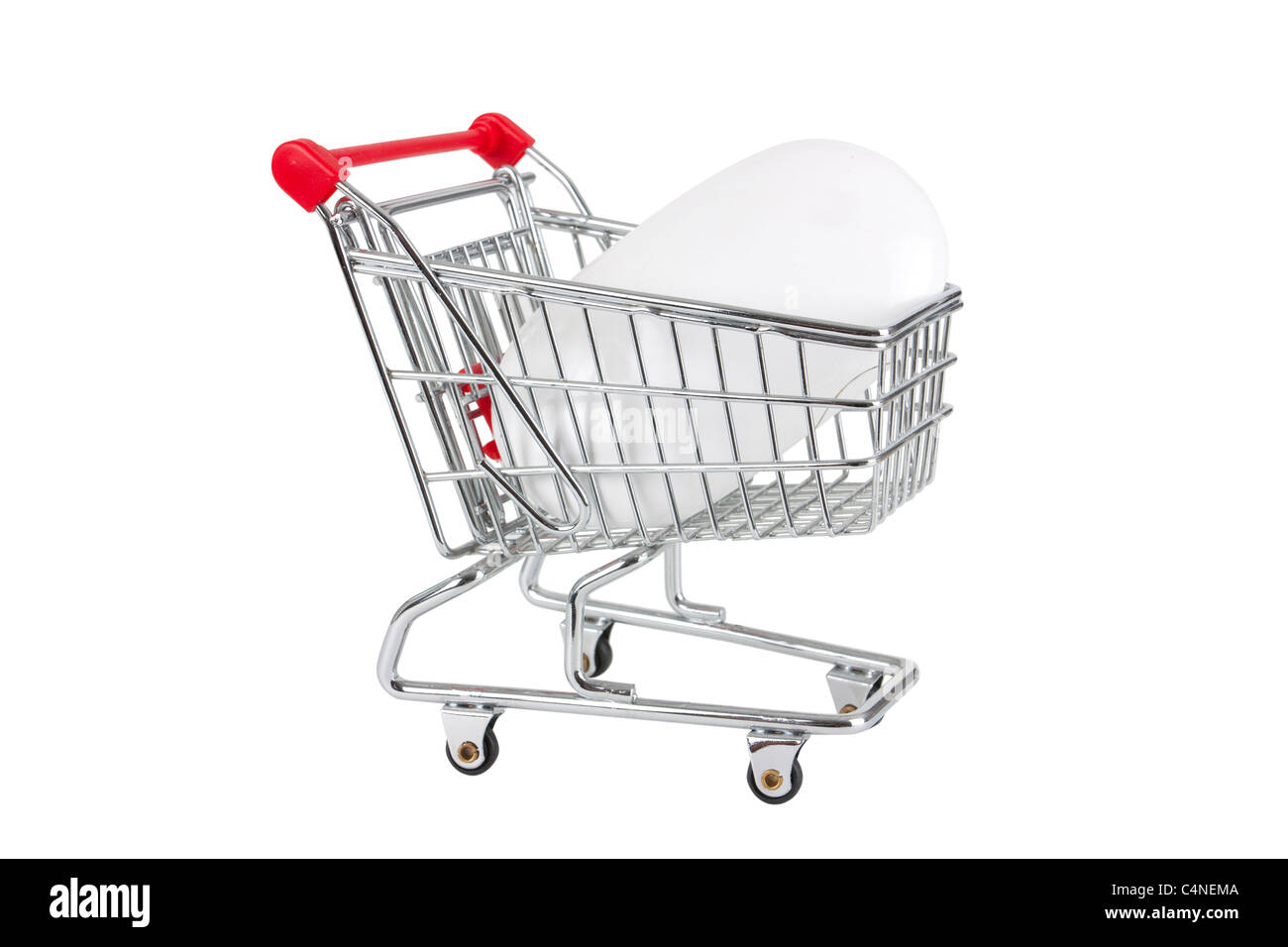 computer mouse in a supermarket shopping trolley isolated on a white ...