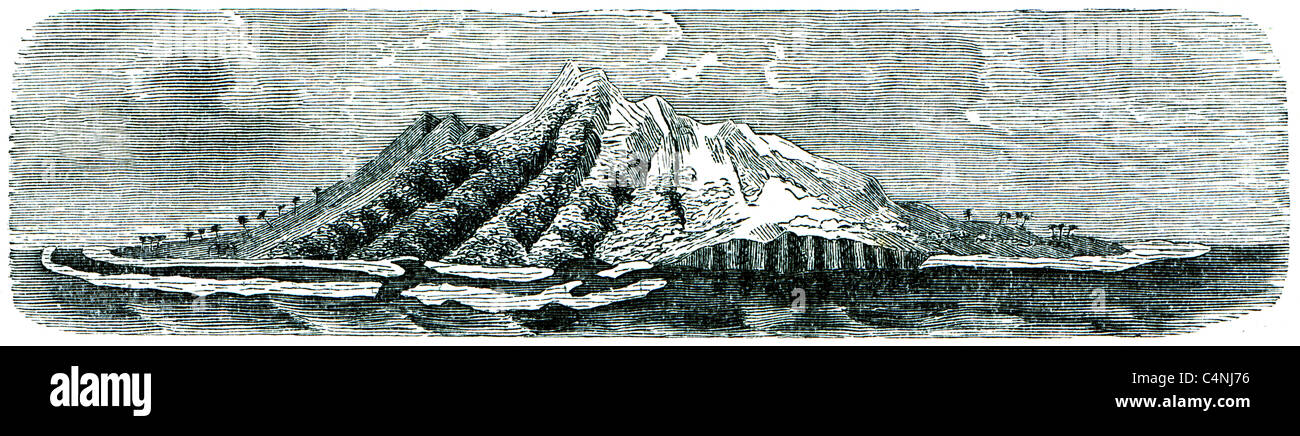 Volcanic island surrounded by a barrier and coral reefs Stock Photo - Alamy