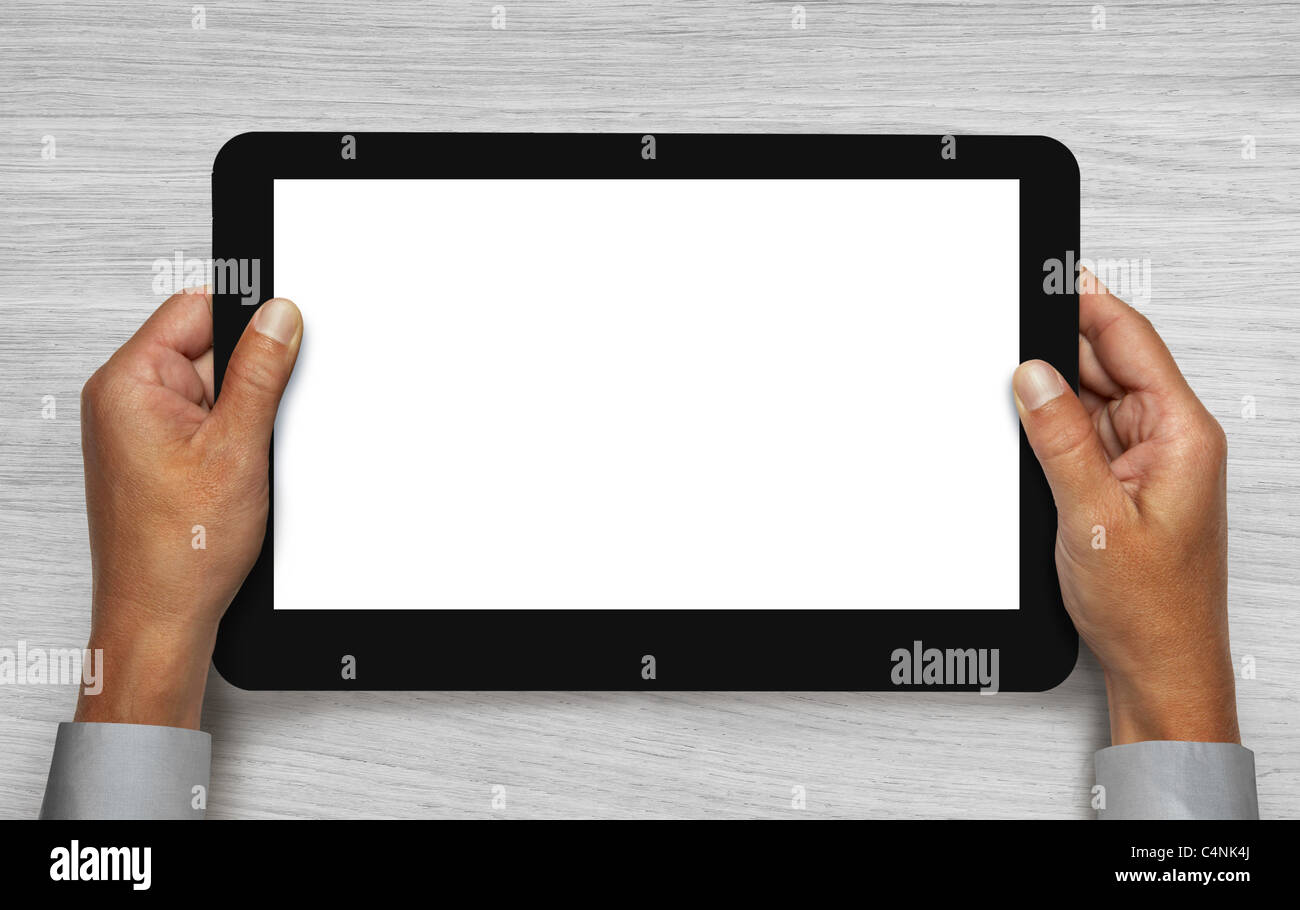 hands of businessman holding touchpad pc with path Stock Photo - Alamy