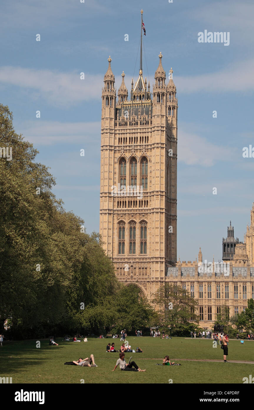 Victoria Tower, part of the Palace of Westminster, viewed from Westminster Palace Gardens ...