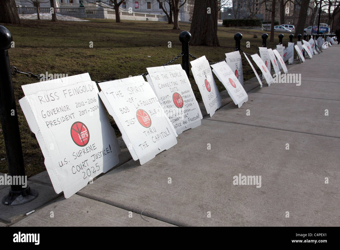 Pizza boxes at union protest at Wisconsin State Capitol with political ...