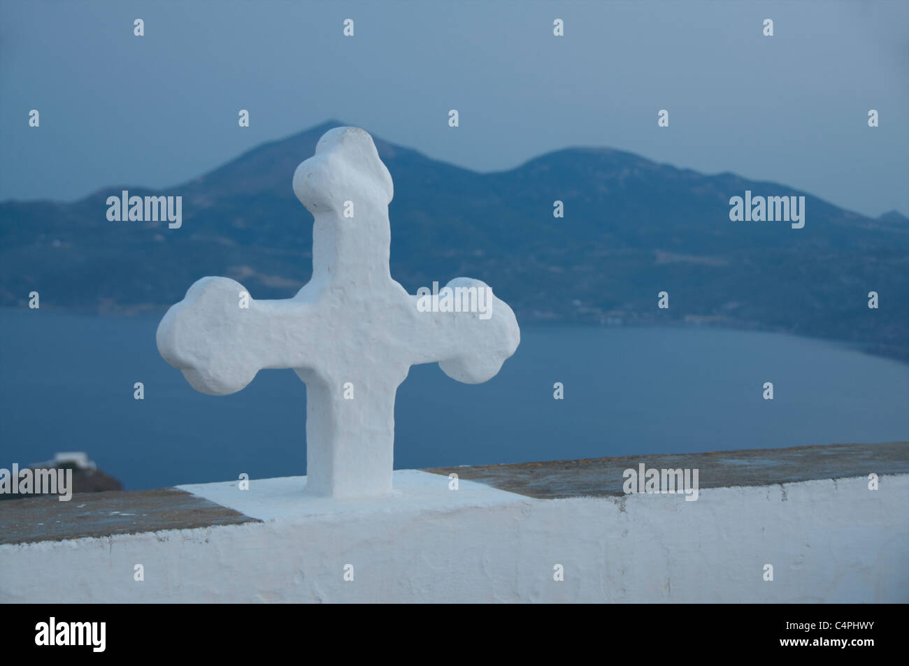 ancient white stone cross against blue landscape Greece Stock Photo - Alamy