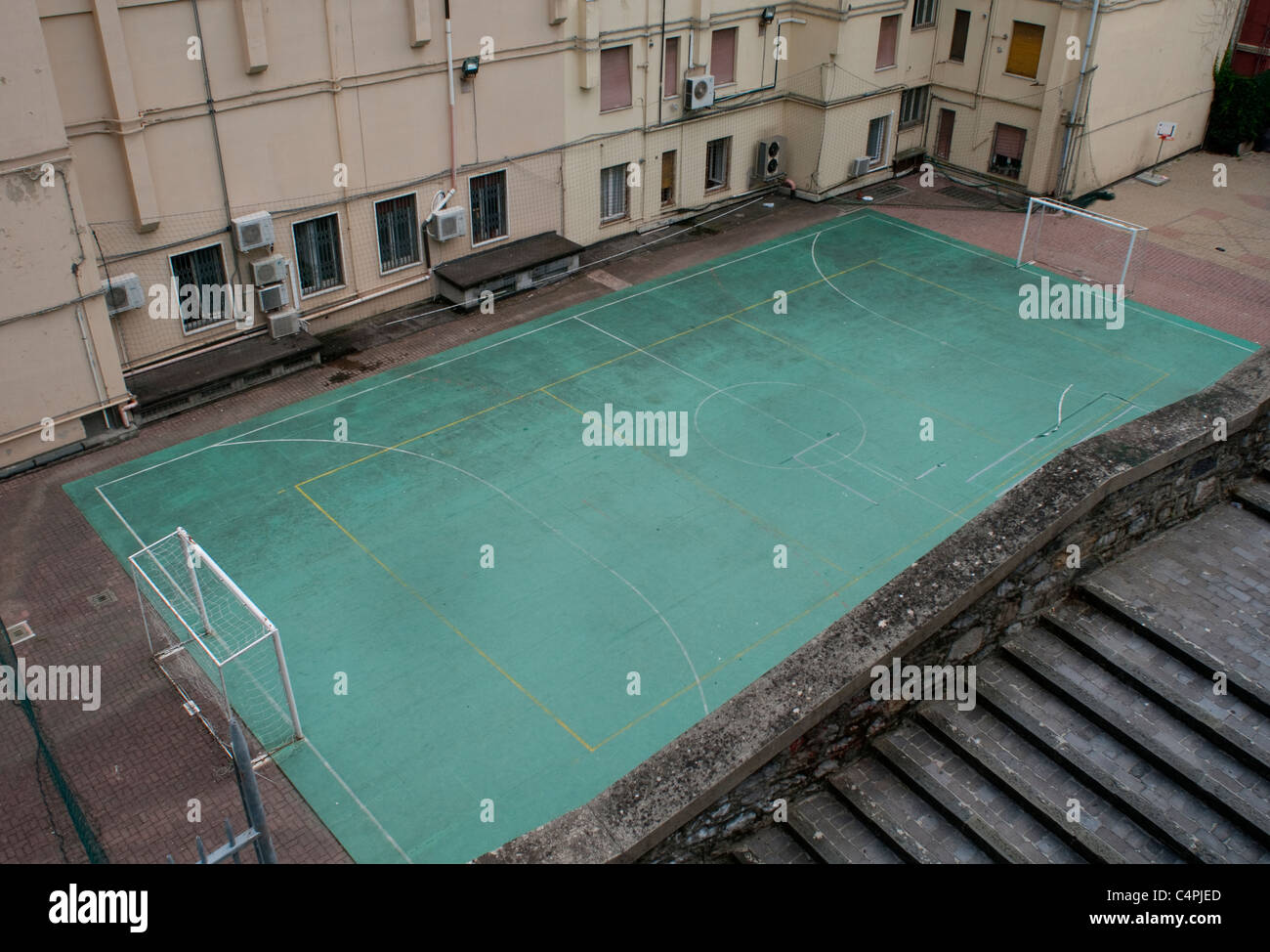 Cement pavement marked as a soccer field, Manarola, Cinque Terre, Italy ...