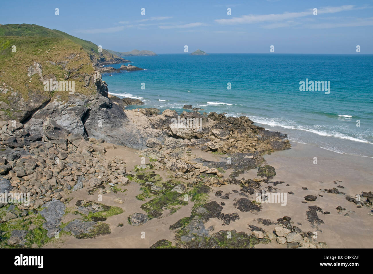 Lundy Bay beach on the north Cornwall coast, with The Rumps and The ...