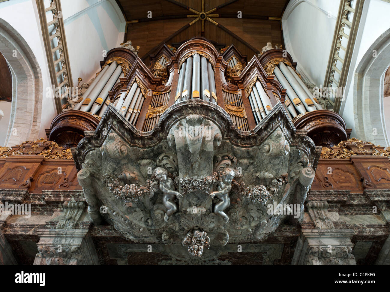 The baroque underside of the main organ, Oude Kerk, Amsterdam, Holland ...