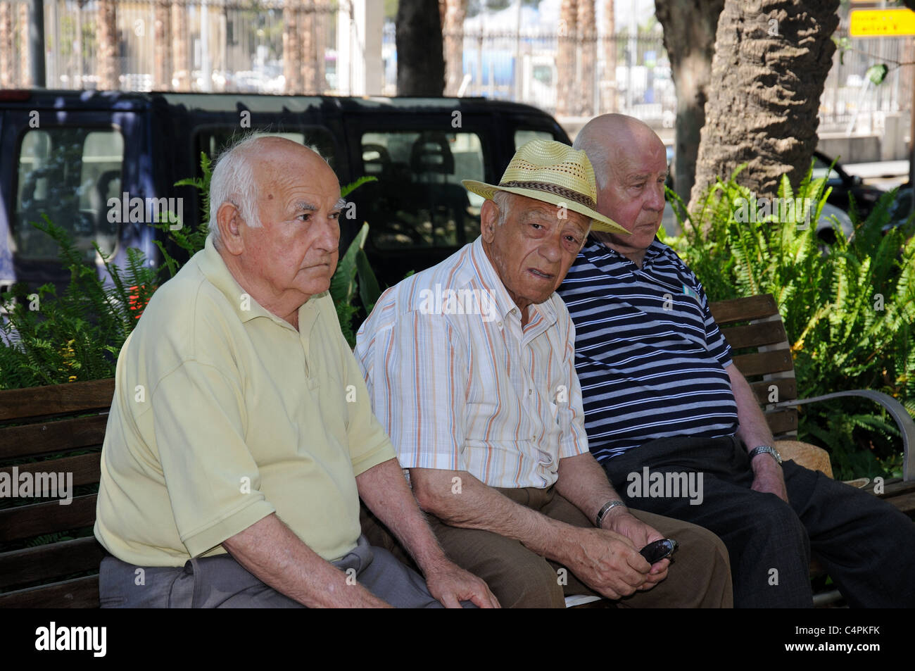 Three old Spanish men sitting on a park bench along the Paseo del ...