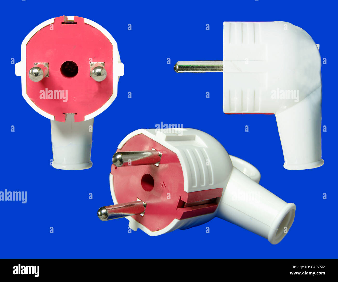 various position of electric plug outlet on blue background with ...