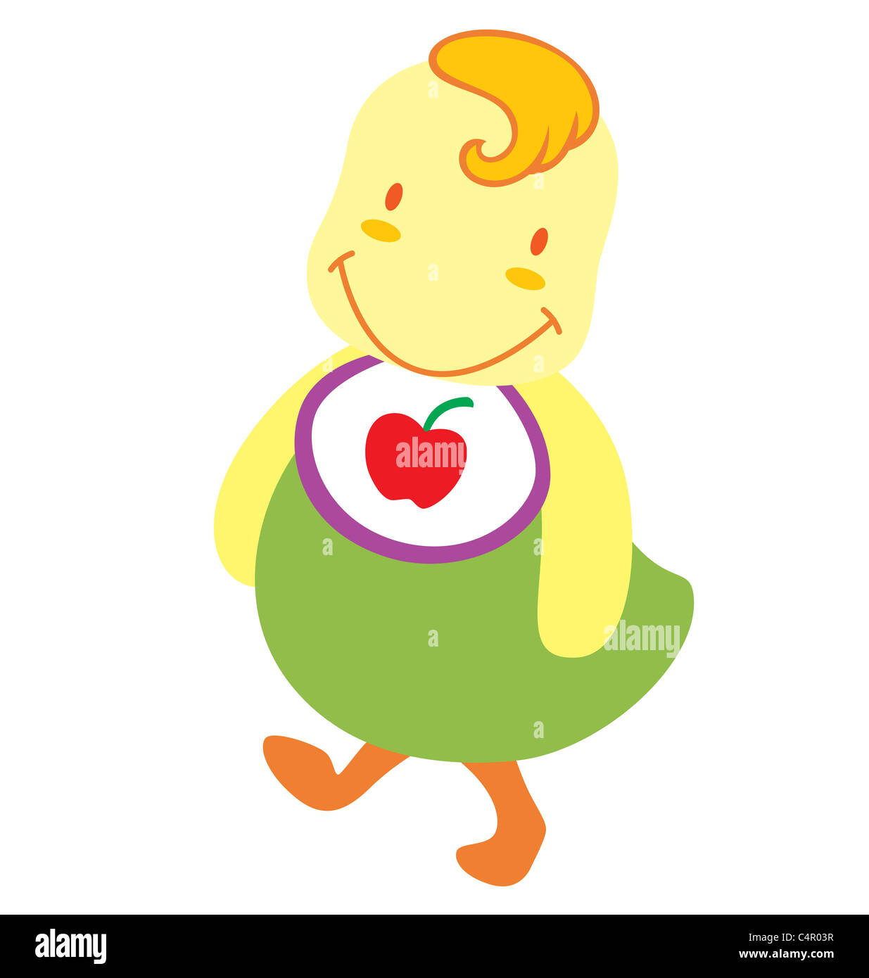 A little baby chick character wearing an apple napkin and smile wide ...