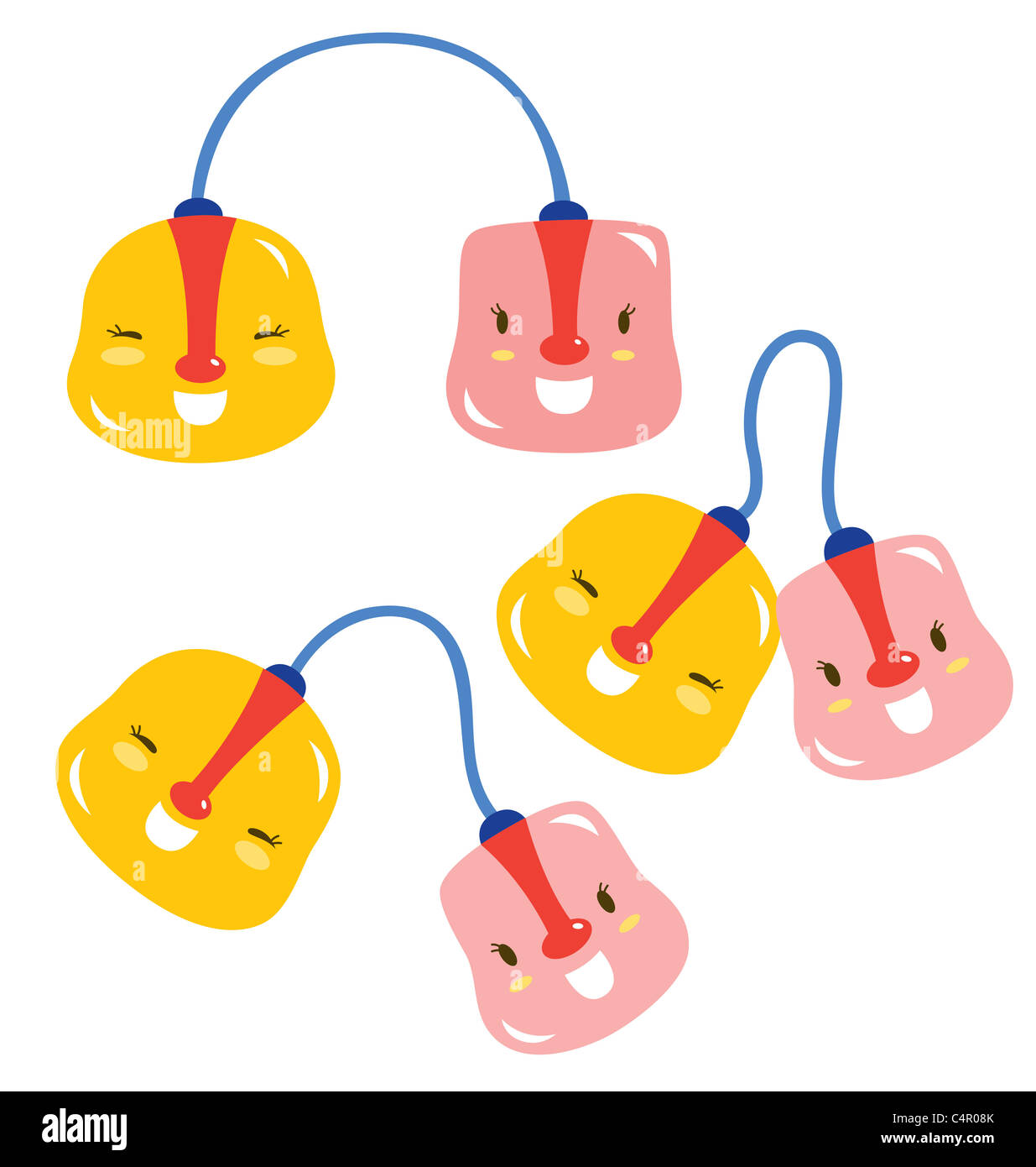 Two bells character in orange and pink that connect together in three ...