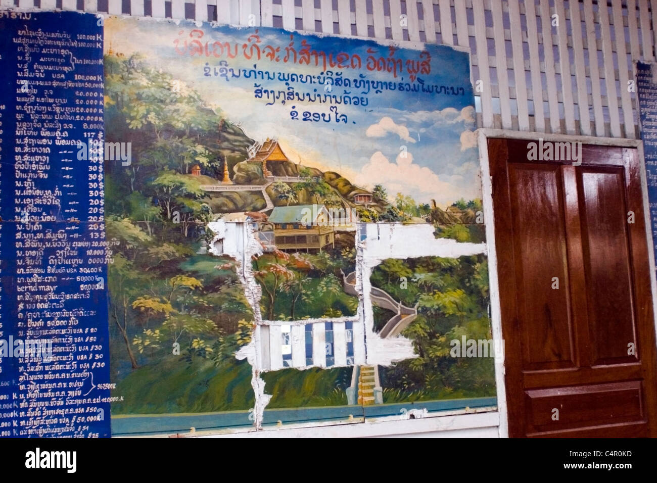 An old sign with a photograph of historic Wat Phu Si Buddhist Temple ...