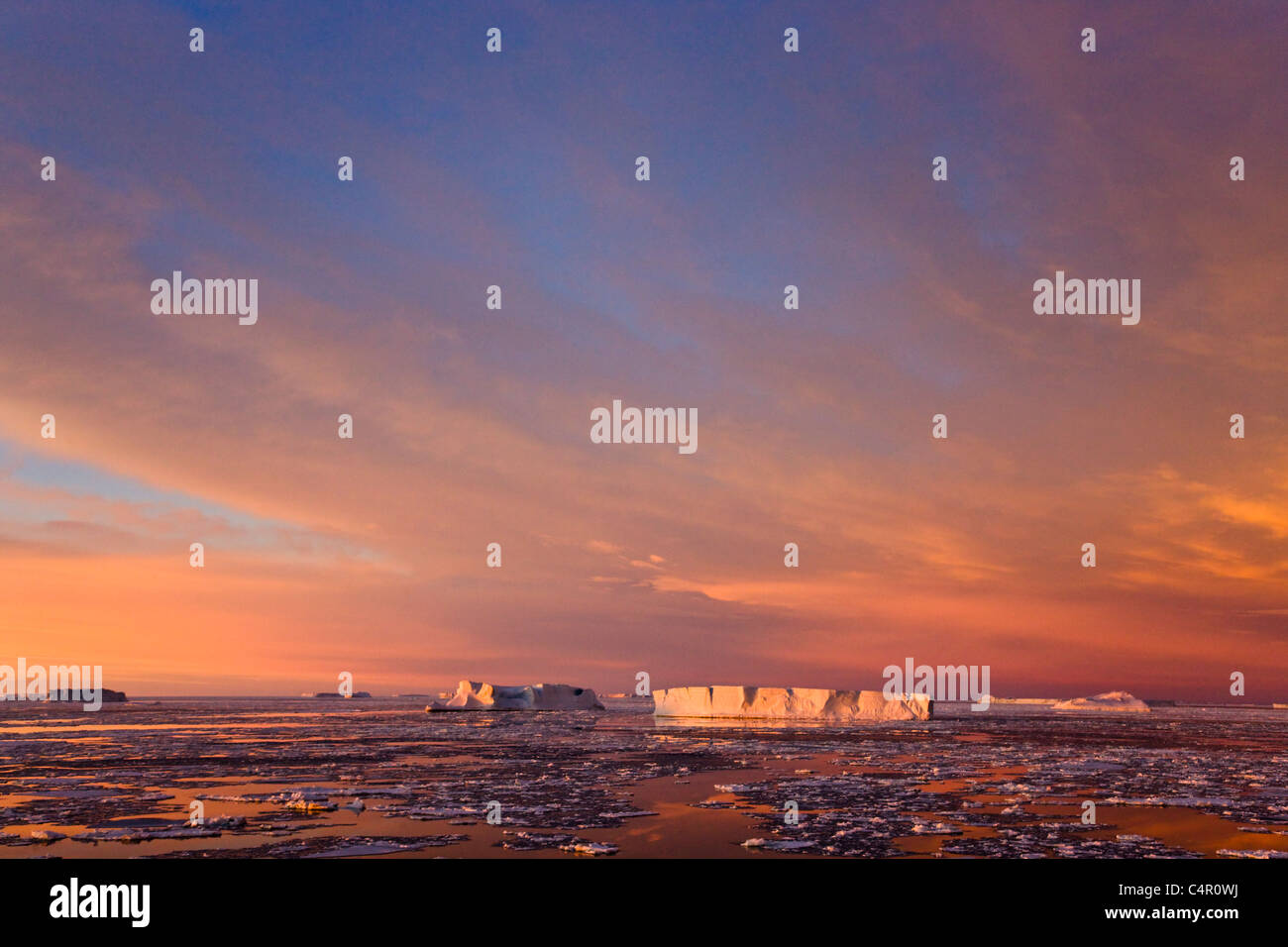 Huge iceberg and ice floes in the ocean at sunrise, Antarctica Stock ...