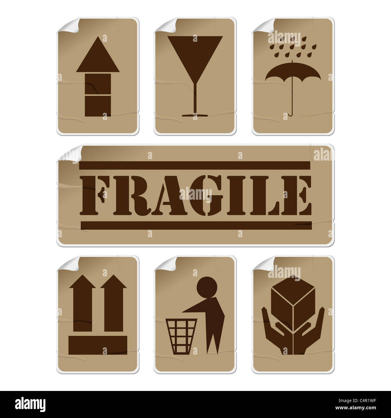 Fragile and safety badly glued stickers, isolated and grouped objects ...