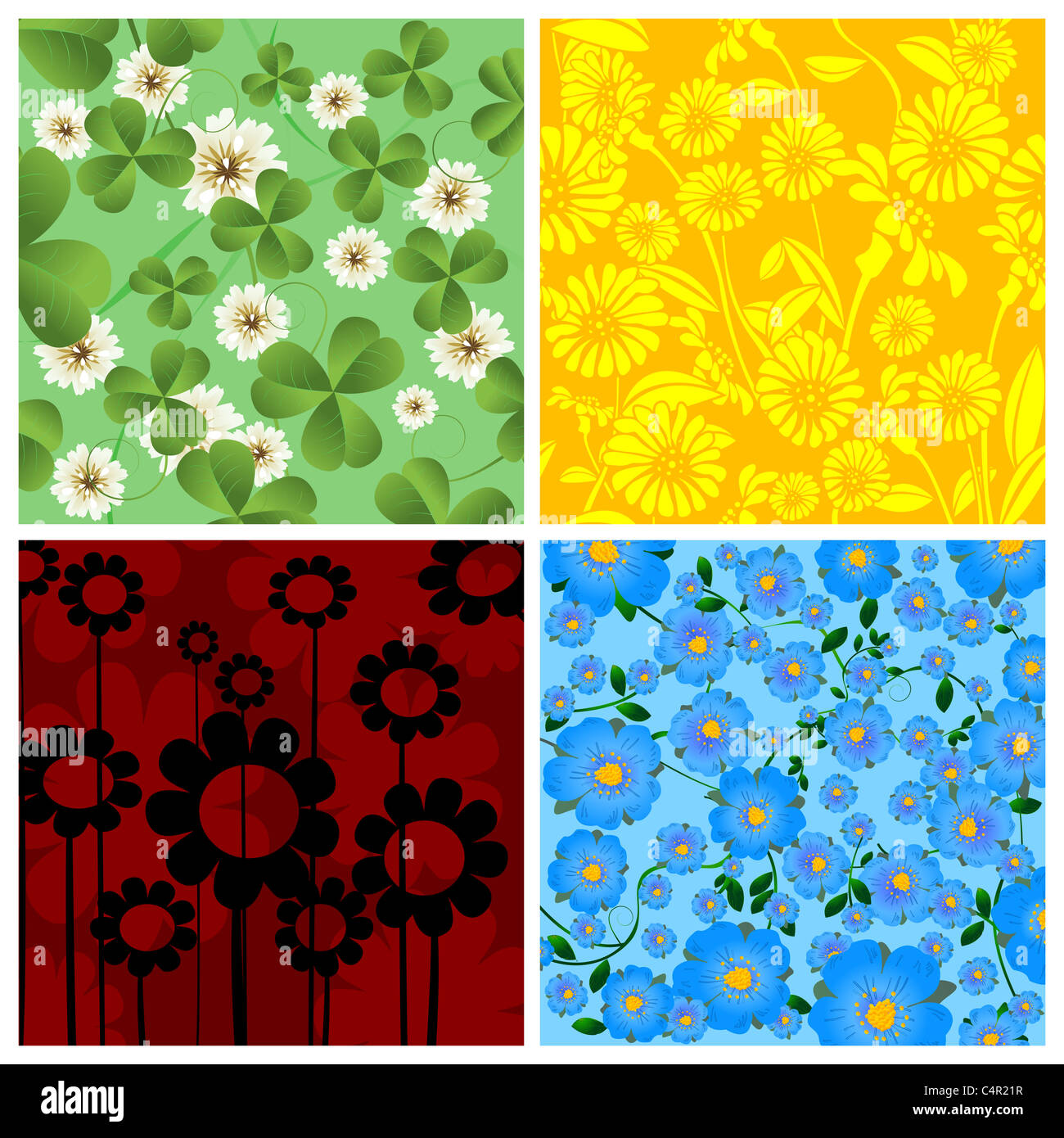 Set of four floral background, isolated and grouped objects over white ...