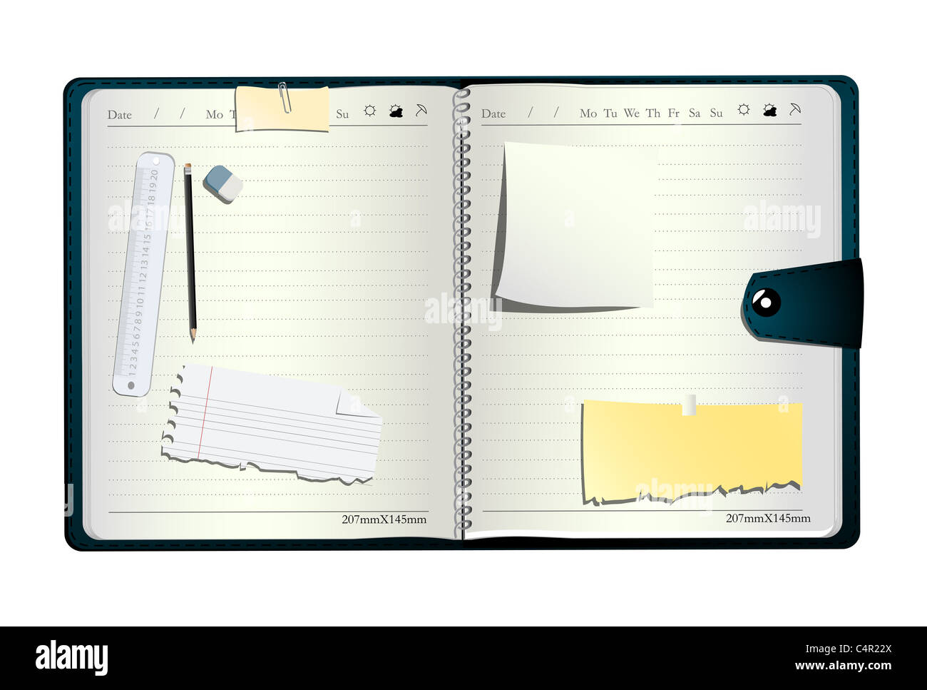 Open organizer, with pen, eraser measuring line and sticky notes Stock ...