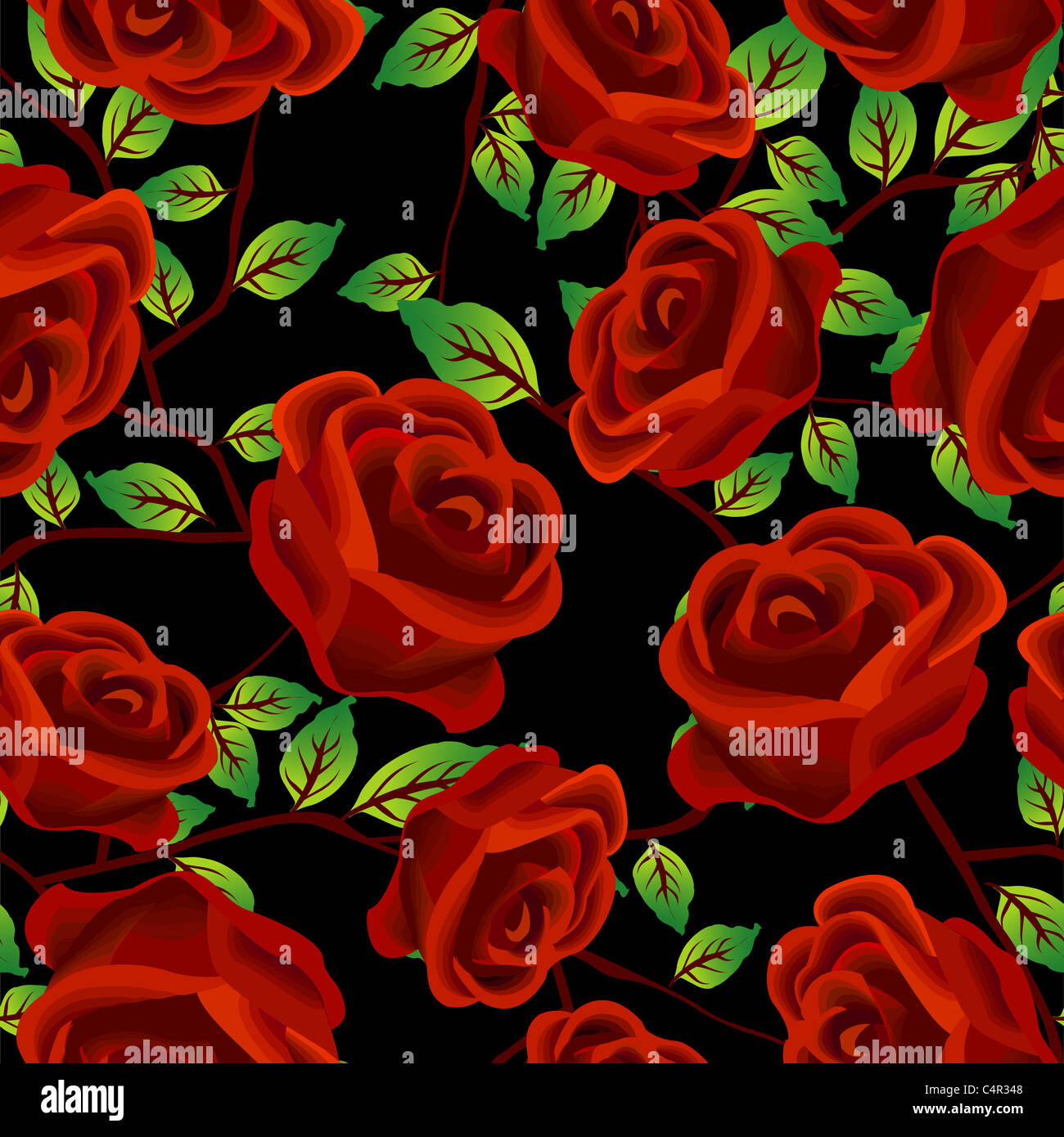 Seamless background design with stylized red roses over black Stock ...