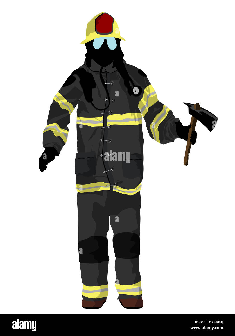 Fully equipped firefighter with axe, isolated and grouped objects over ...