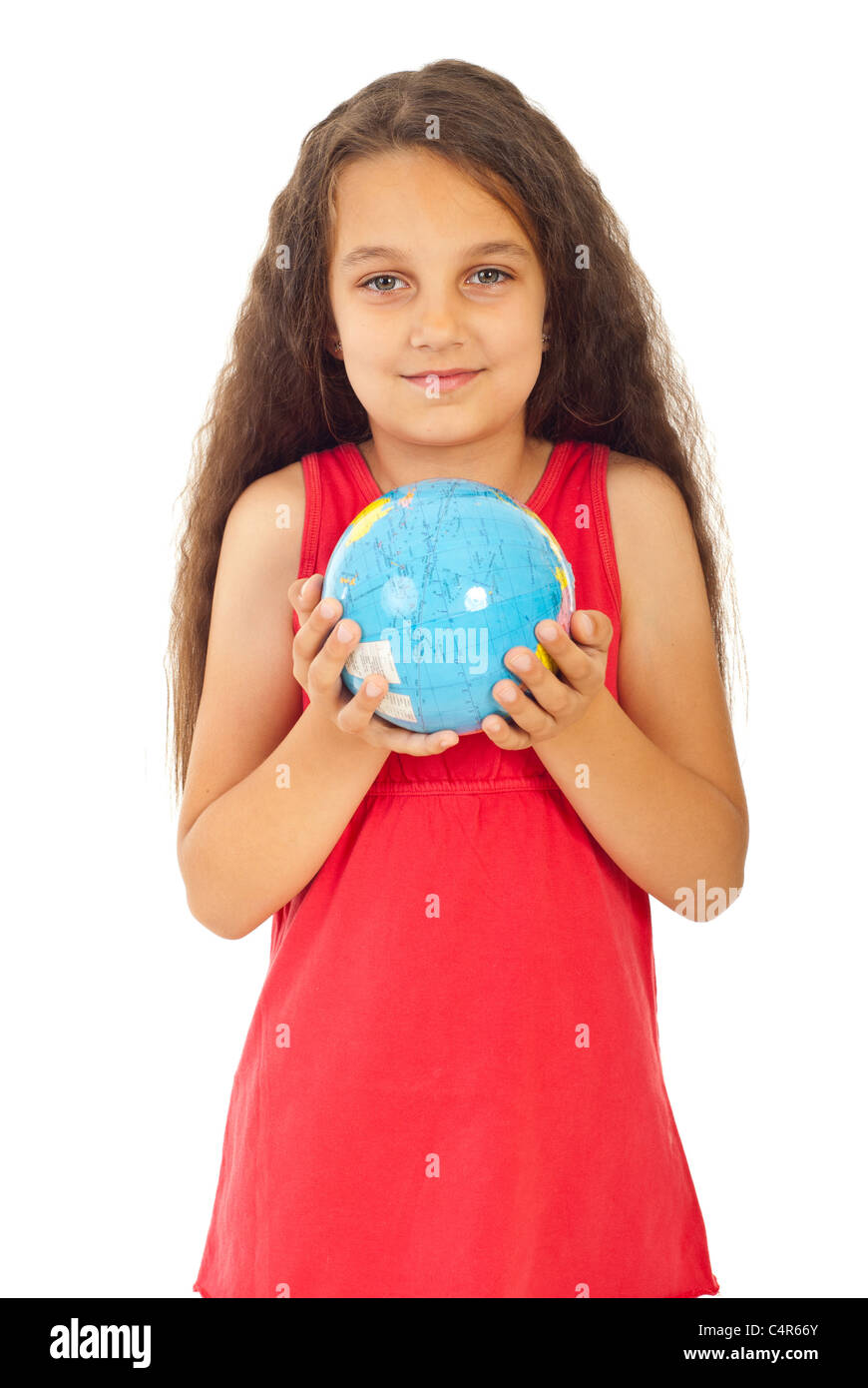 Beautiful girl holding world globe in her hands isolated on white ...